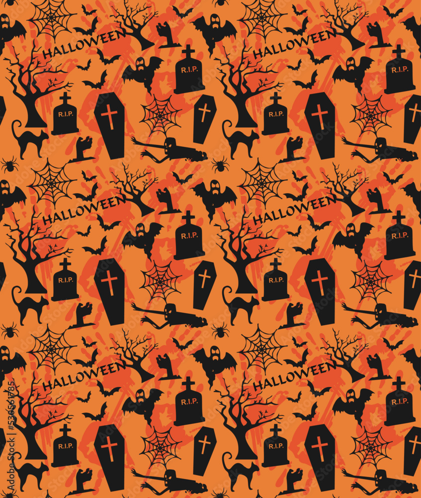 Halloween graveyard seamless pattern for wallpaper design. Black spooky ...