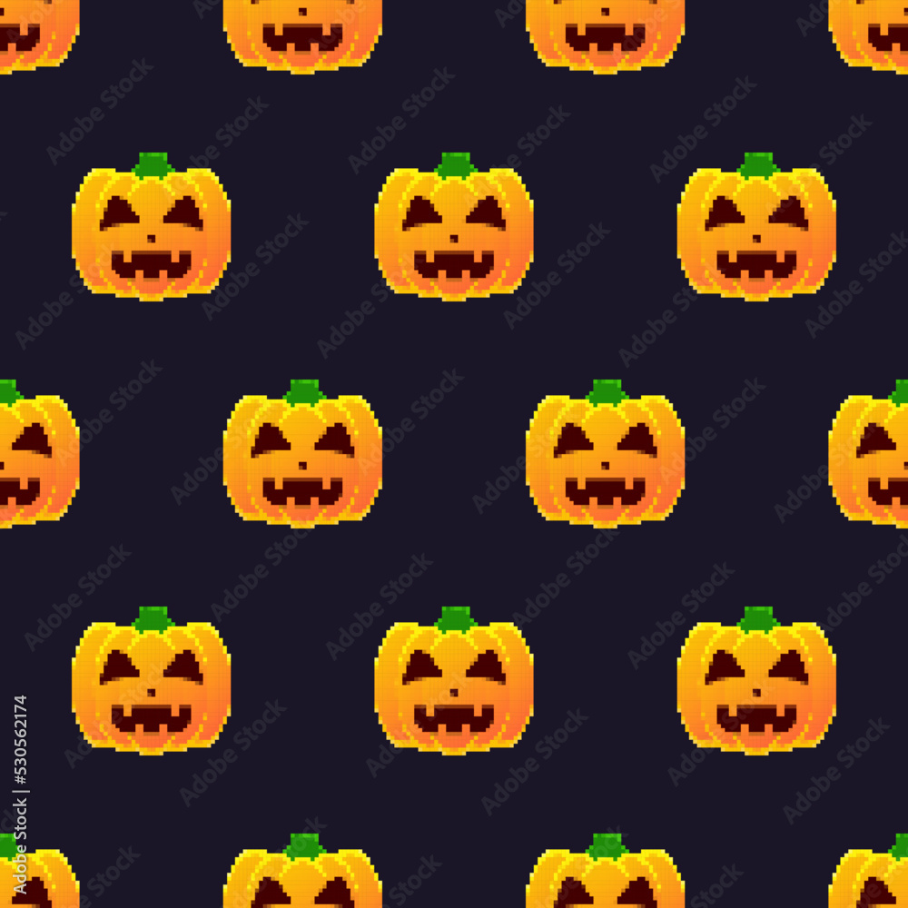 Pixel art halloween pumpkin lanterns. Seamless pattern with 8 bit ...