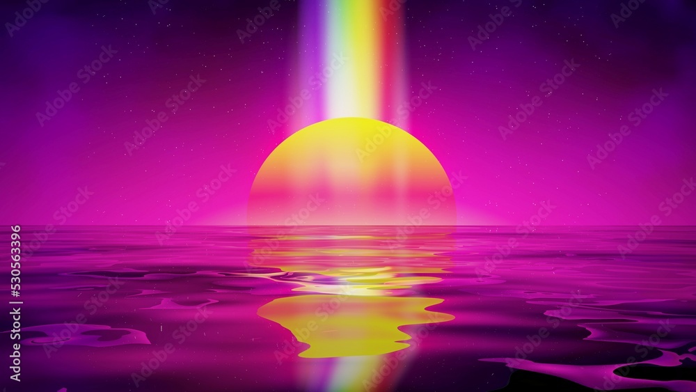Retro landscape background sunset 3d landscape with rainbow light ...