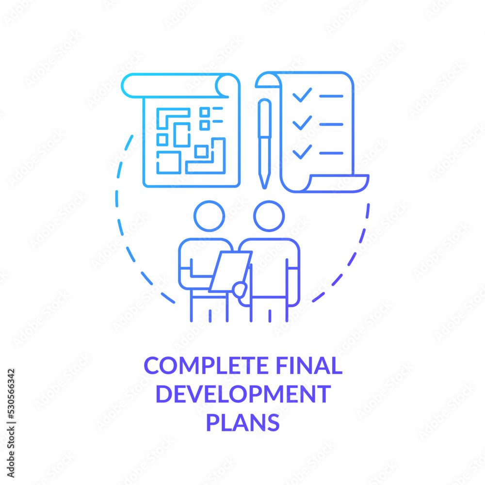 Complete final development plans blue gradient concept icon. Ready ...