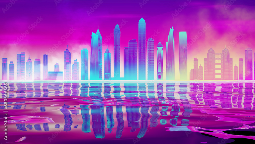 Synthwave pink retro city with the night sky. Digital city retro future ...