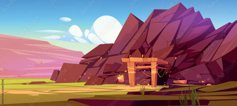 Gold mine entrance at nature landscape, outside cave view with golden ...