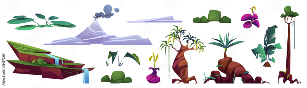 Prehistoric landscape elements, cartoon constructor with tropical ...