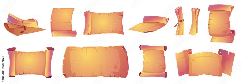 Ancient parchment scrolls, old manuscripts. Black antique letters ...