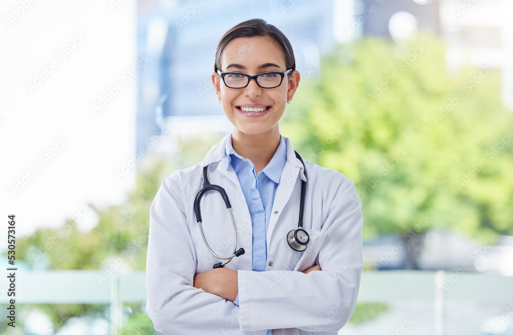 Healthcare, proud and doctor woman portrait with stethoscope in a ...