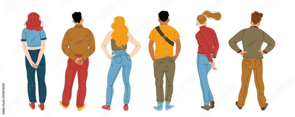 People from behind, male and female characters group stand in row rear ...
