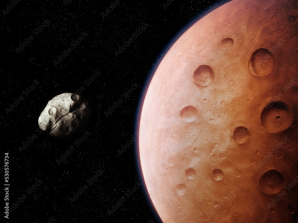 Planetary moon, satellite of the red planet covered with craters ...