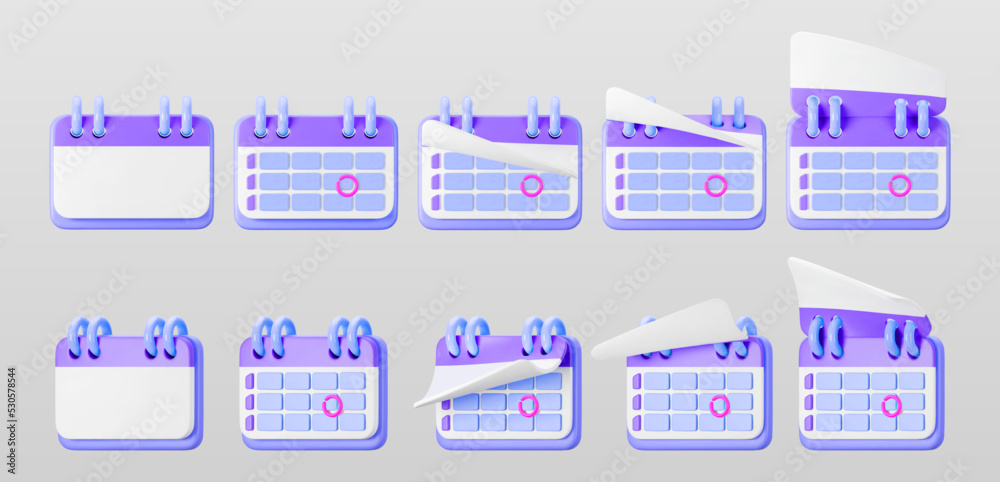 3d purple calendar icons with highlighted circle day and flipping pages ...