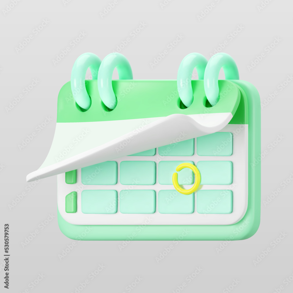 3d green calendar icon with highlighted circle day and flipping pages ...