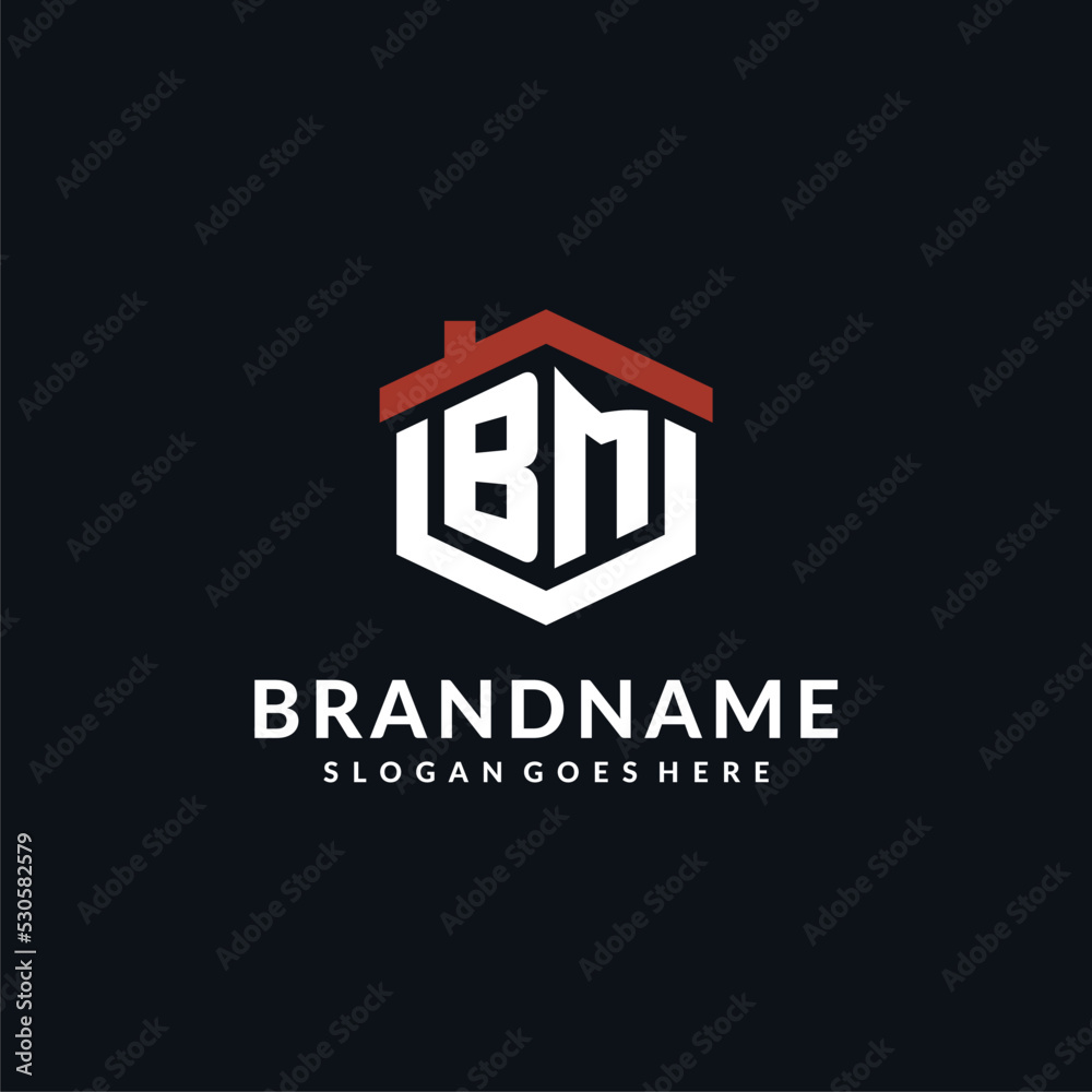 Initial letter BM logo with home roof hexagon shape design ideas Stock ...