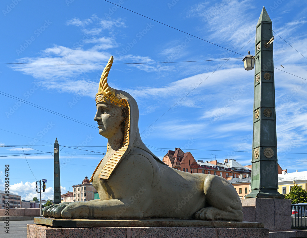 Sphinx chimera of Egyptian bridge over Fontanka river, Saint Petersburg ...