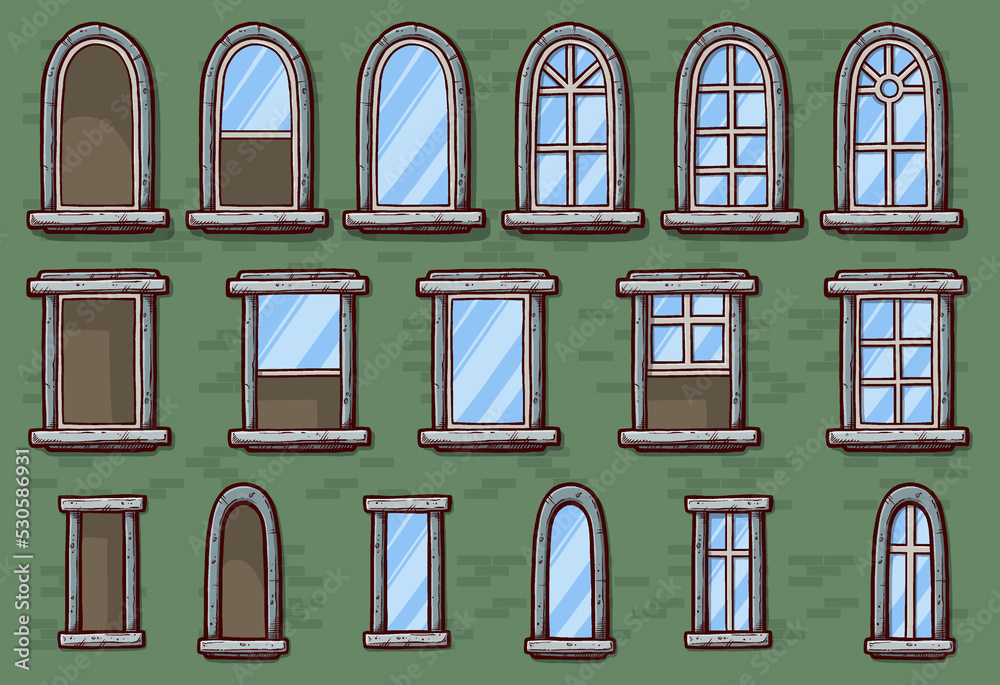 Cartoon modern different windows in a frame on a brick wall. Facade ...