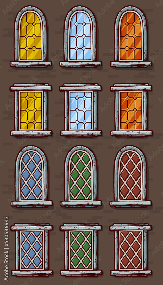 Cartoon vintage different windows with colorful stained glass in a ...