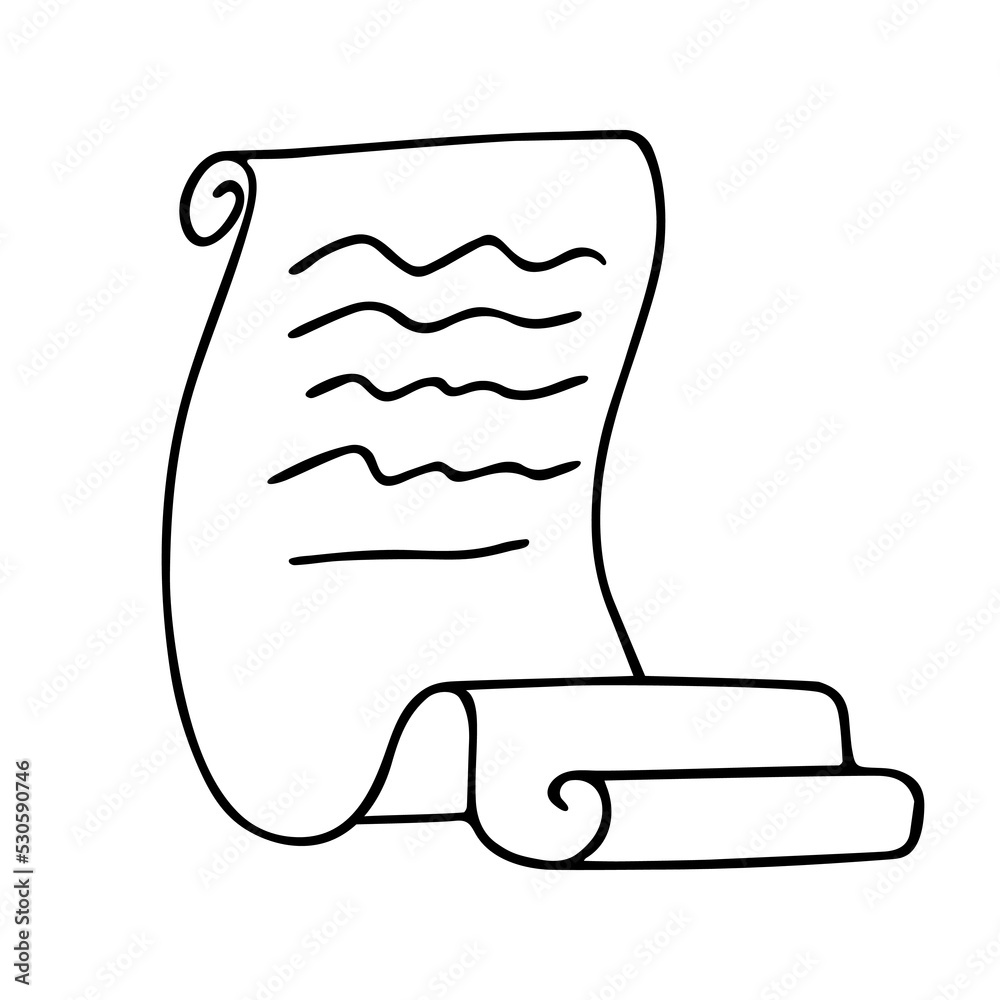 Scroll of parchment paper sheet. Curved papyrus letter document. Hand ...