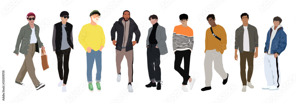 Street fashion men vector illustration. Young men wearing trendy modern ...