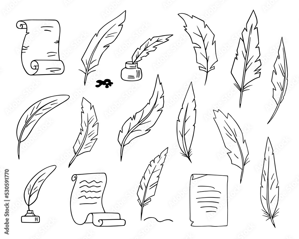 Bird feather quills and scroll parchment paper sheets set, writing ink ...