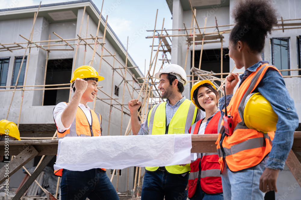 group civil engineers male female discuss inspect construction of ...
