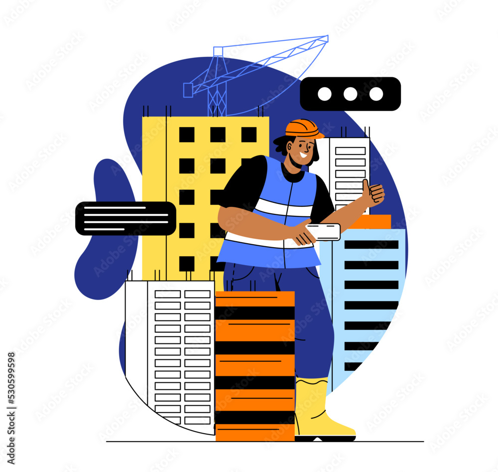 House renovation concept. Young smiling male builder creates tall ...