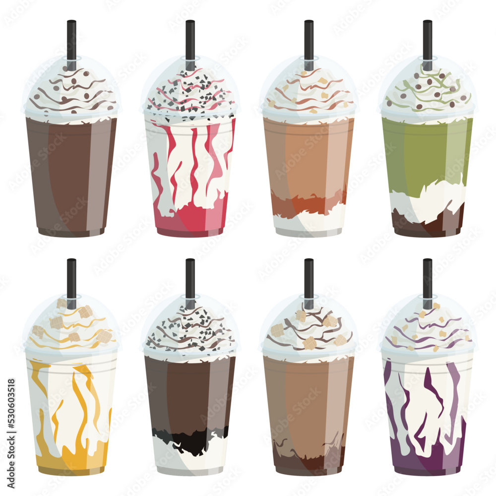 Set of plastic glasses with different types of cold drinks. Vector ...