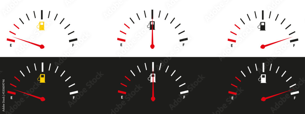 Fuel gauge. Scale with arrow, empty and high level of fuel. Vector ...