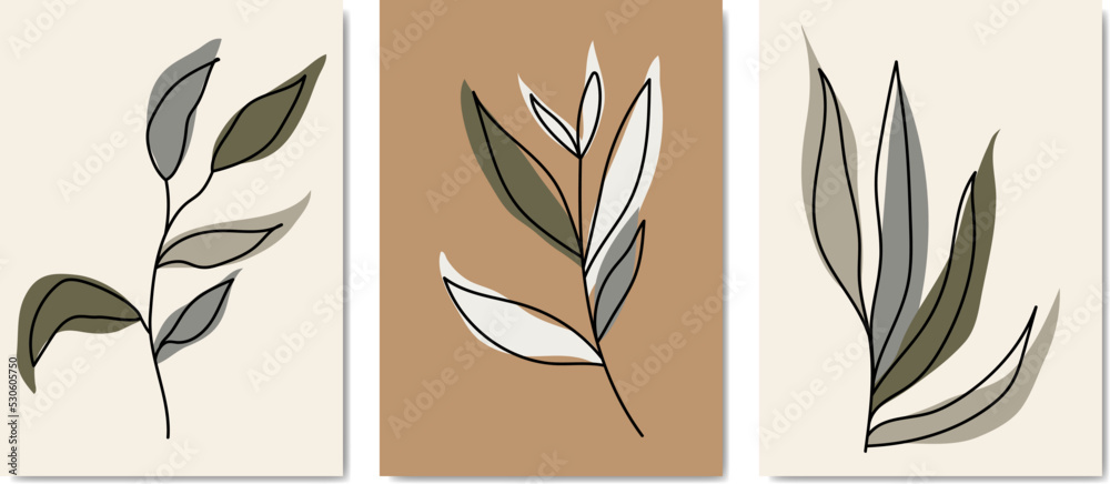 Botanical wall art vector set. Artistic drawing of leaves and branches ...