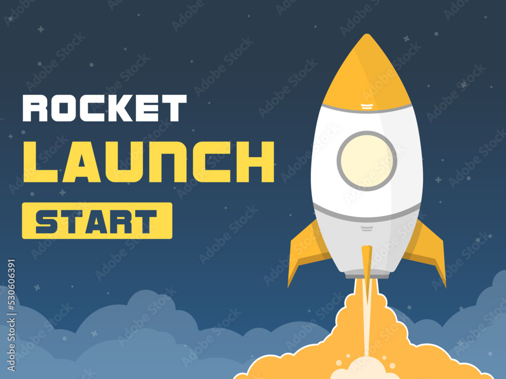 Rocket launch in the night sky flying above the clouds, Business and ...