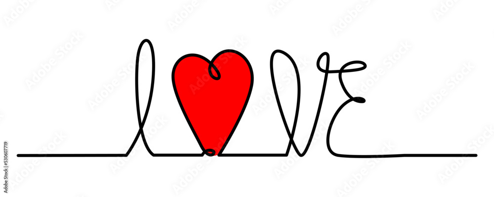 continuous line drawing of LOVE text with heart simple vector ...