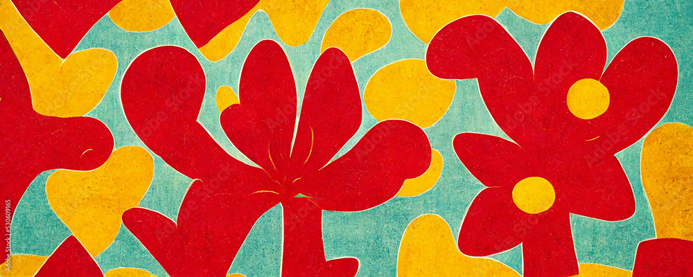 Contemporary art, continuous repetition of stylised shapes in bright ...