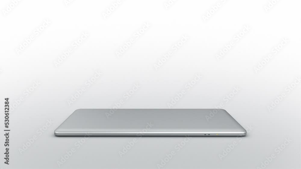 Highly Detailed Aluminum Laptop Spinning and Opening Over White ...