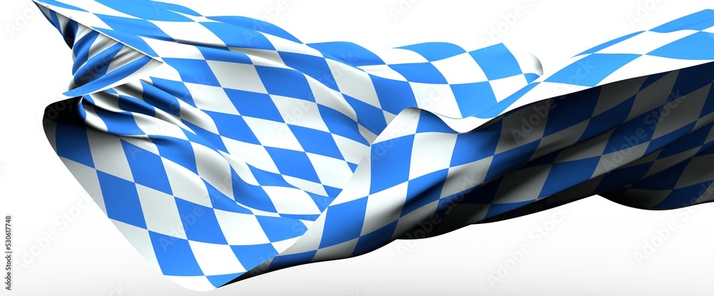 Highly detailed flag of Bavaria waving in the wind. Light blue sky is ...
