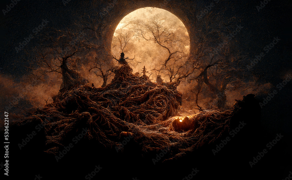 Halloween full moon in creepy pumpkin head jack lantern with full moon ...