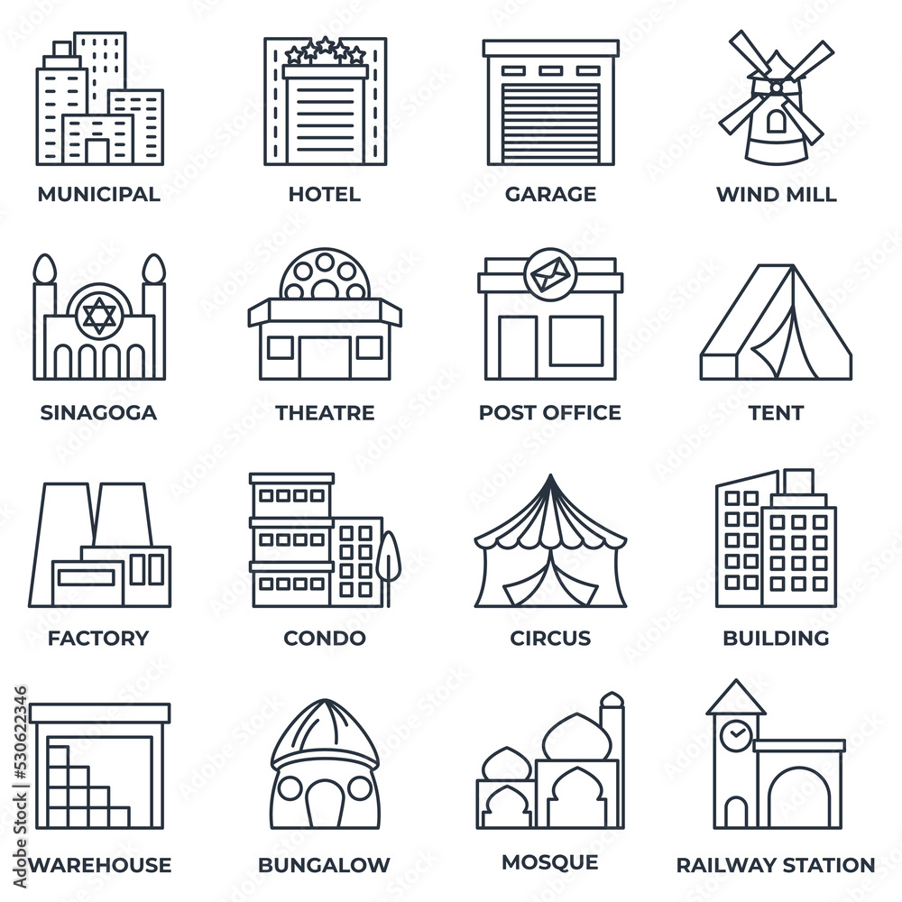 Set of Building icon logo vector illustration. municipal, hotel, garage ...