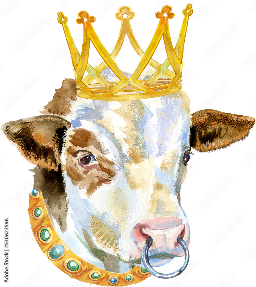 Watercolor illustration with gold crown of a white bull with brown ...