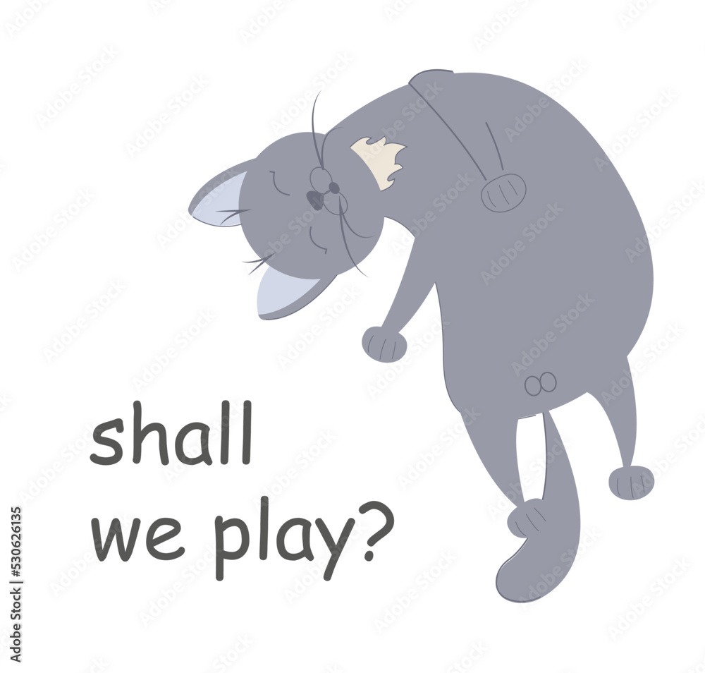 Cartoon gray cat. cat playfully lying down. vector illustration Stock ...