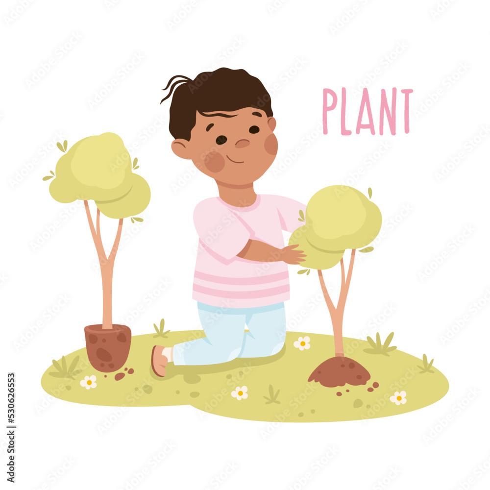 Little Boy Planting Tree Demonstrating Vocabulary and Verb Studying ...