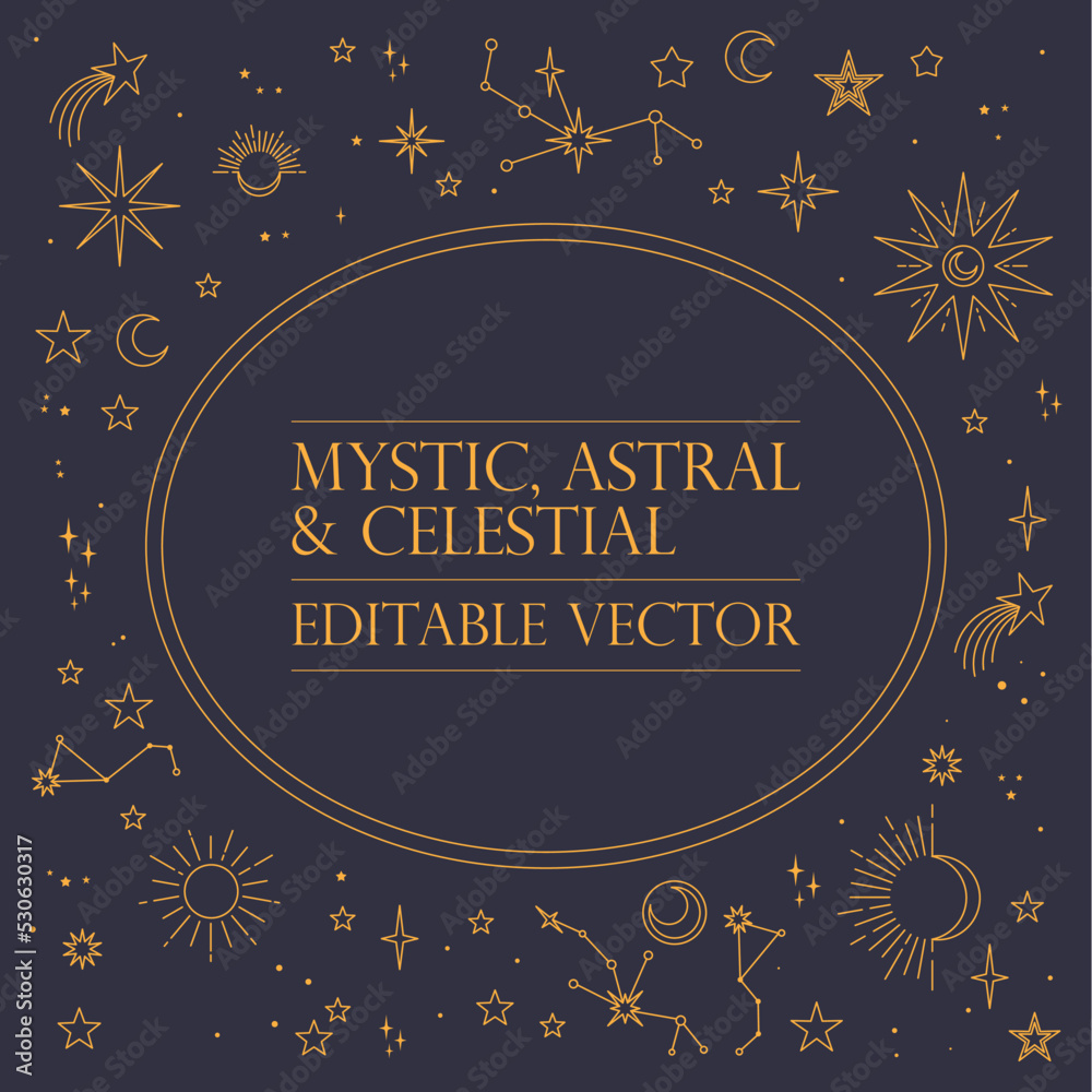 Astral celestial frame with stars, hands, sun, moon phases, and copy ...