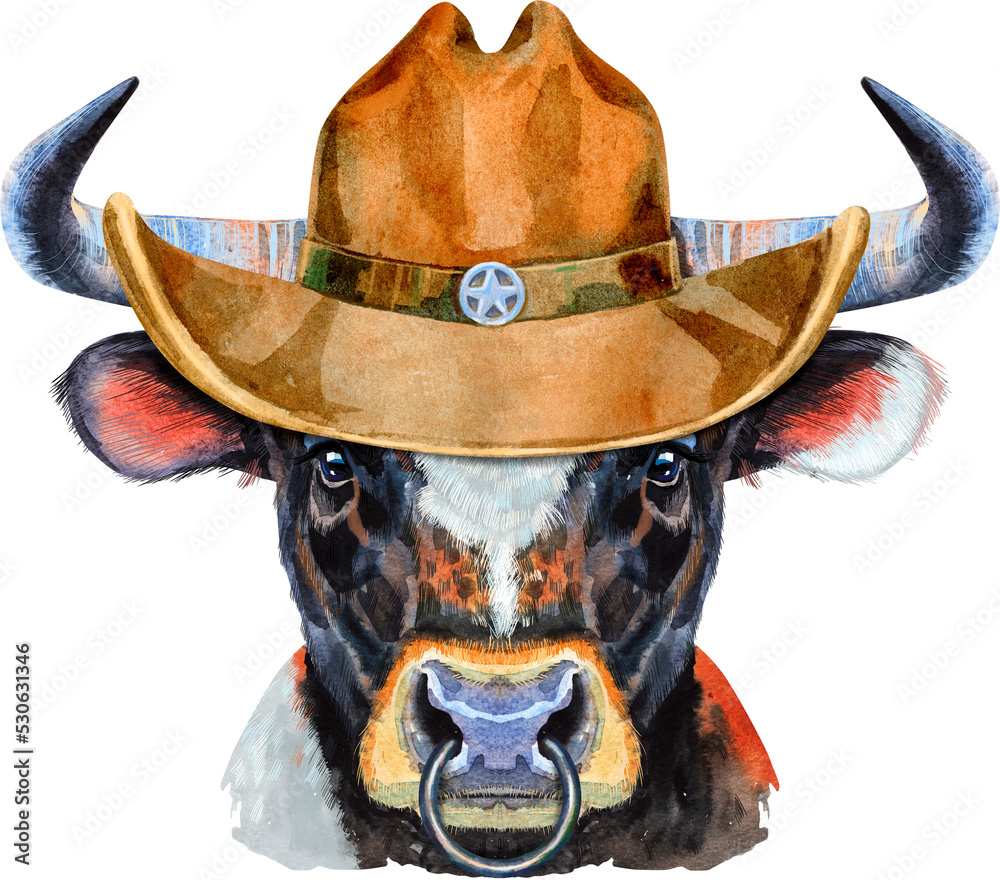 Watercolor illustration of black bull with white spot in a cowboy hat ...