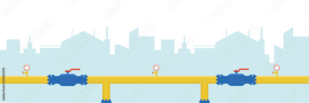 Gas pipeline construction with city skyscraper background. Vector stock ...
