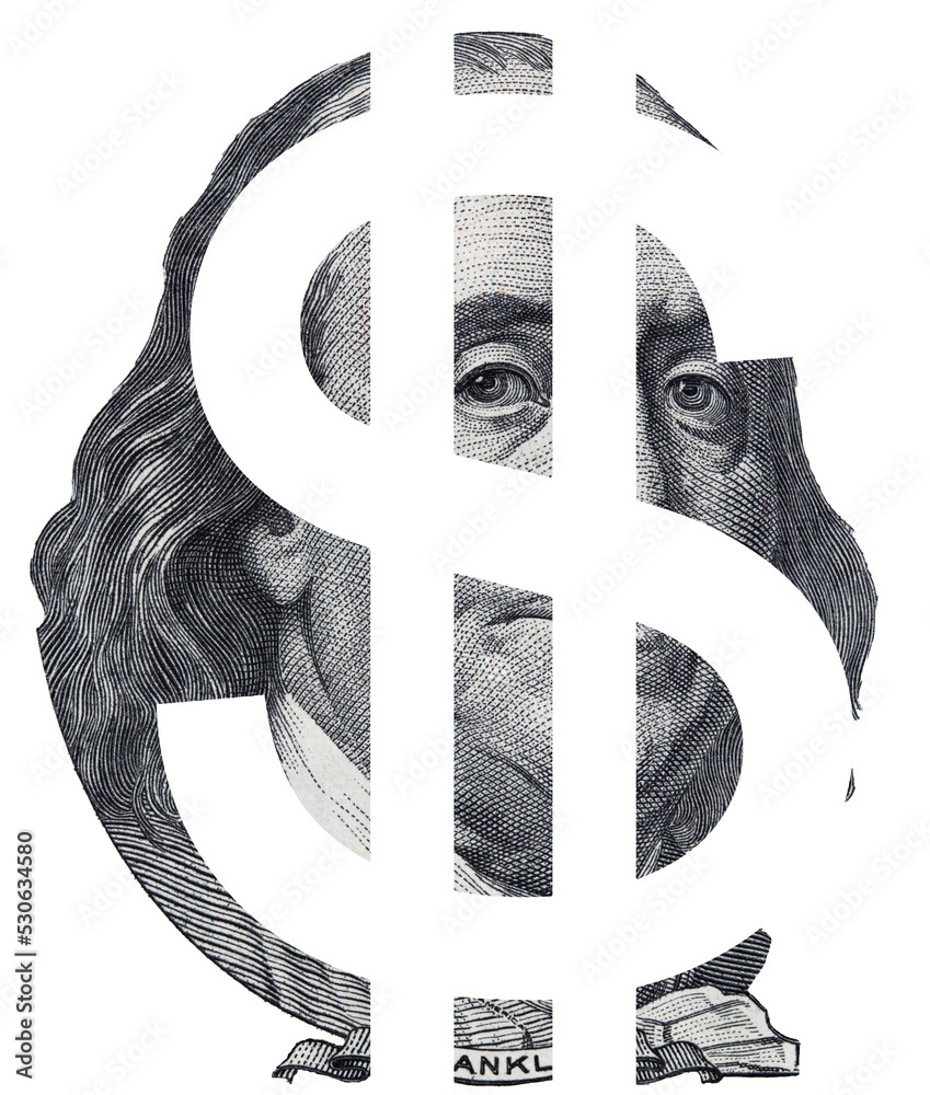 Benjamin Franklin cut on old 100 dollars banknote with dollar sign on ...