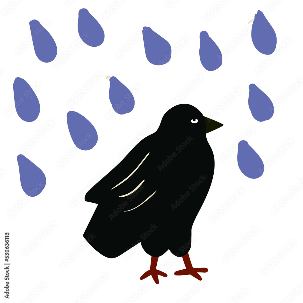 Cute autumn card design with rooks or crow under the rain drops. Funny ...