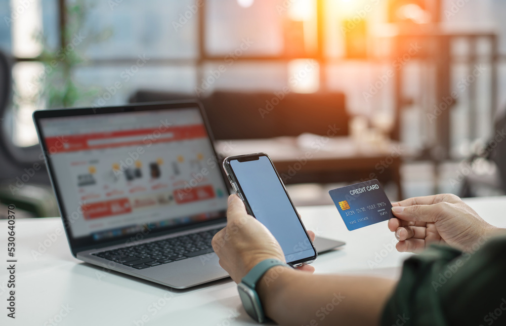 Online shopping concept, young man hands holding mobile smart phone ...