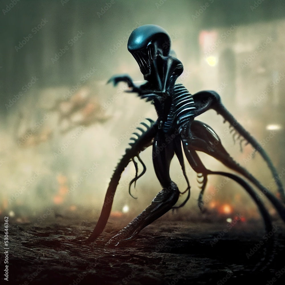 Alien creature creepy figure 3D illustration with dramatic lighting in ...