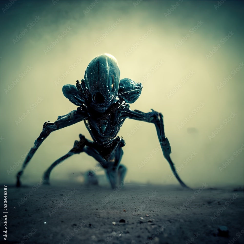 Alien creature creepy figure 3D illustration with dramatic lighting in ...