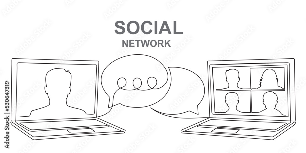 Social network. Continuous one line drawing of laptops with some people ...