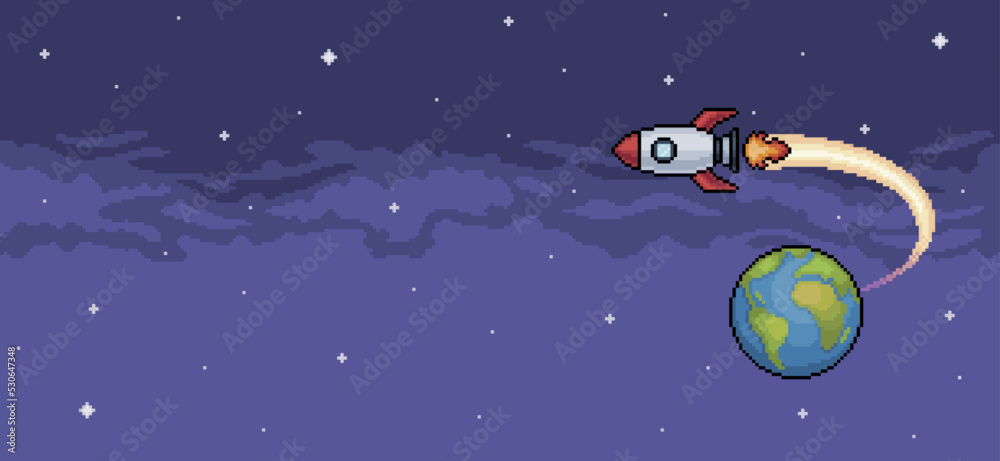 Pixel art background of rocket taking off from earth background vector ...