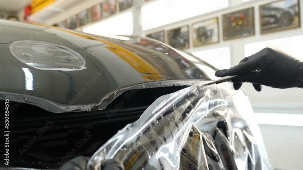 Close up to PPF installation process on a front headlight and hood. PPF ...