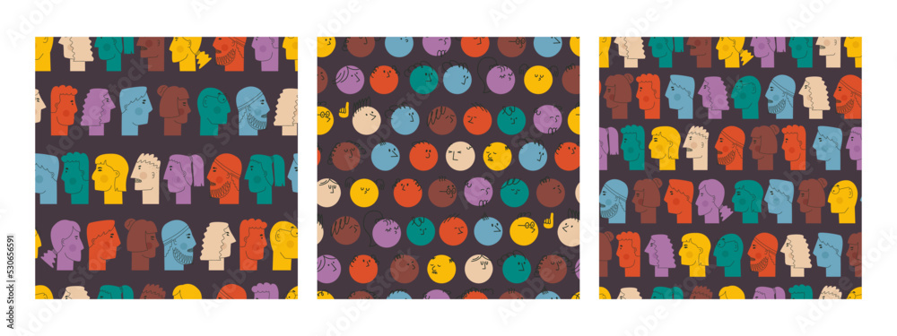 Set of vector seamless patterns with different faces of people, circle ...