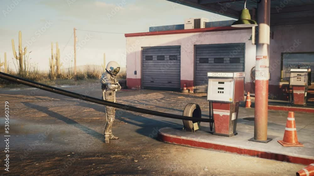 An astronaut fuels his spacecraft at a refueling station. Fueling ...