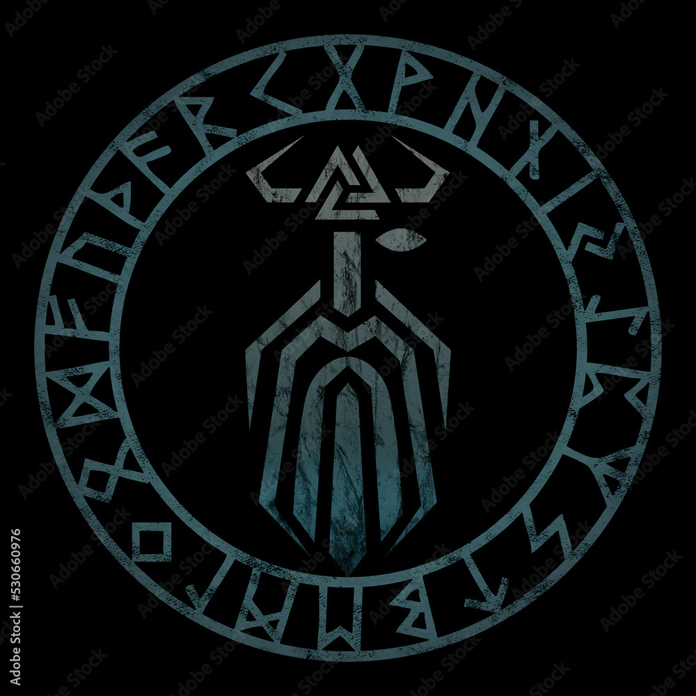 Odin with Valknut, Futhark runes circle, Norse mythology, vintage ...