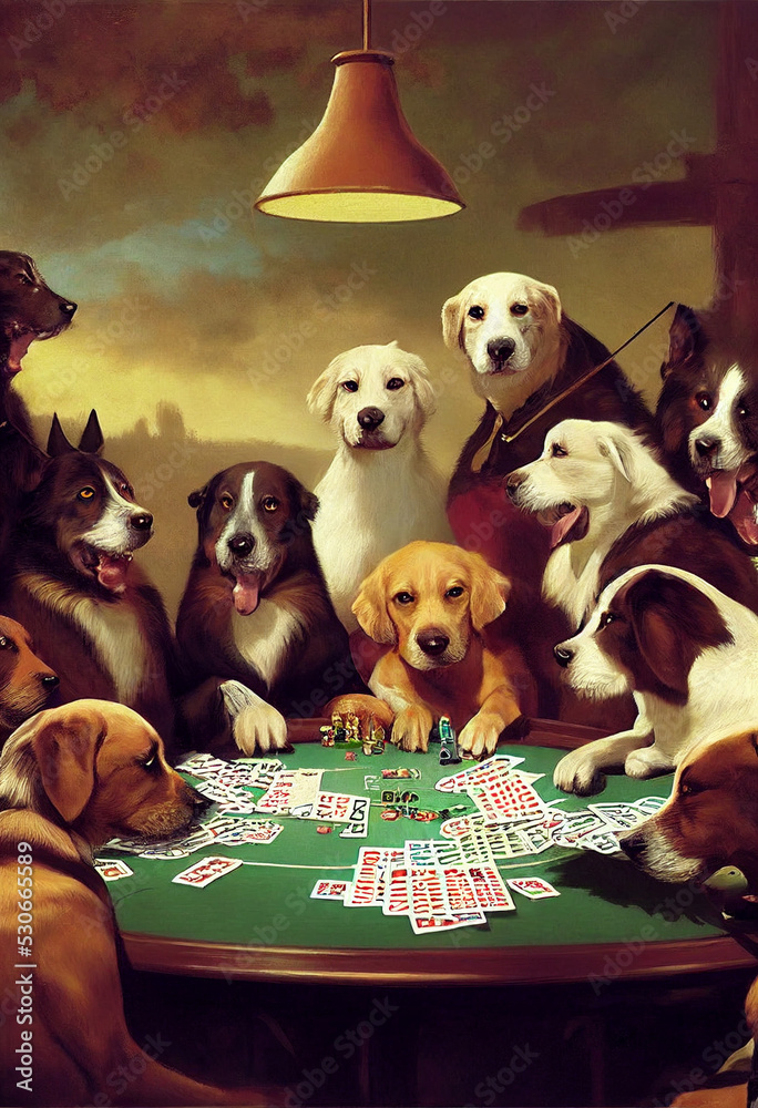 Group of dogs playing poker on a poker table with card. They are ...
